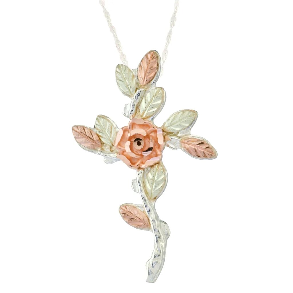 Black Hills Gold and Silver Rose Cross Pendant - MRC25388-GS