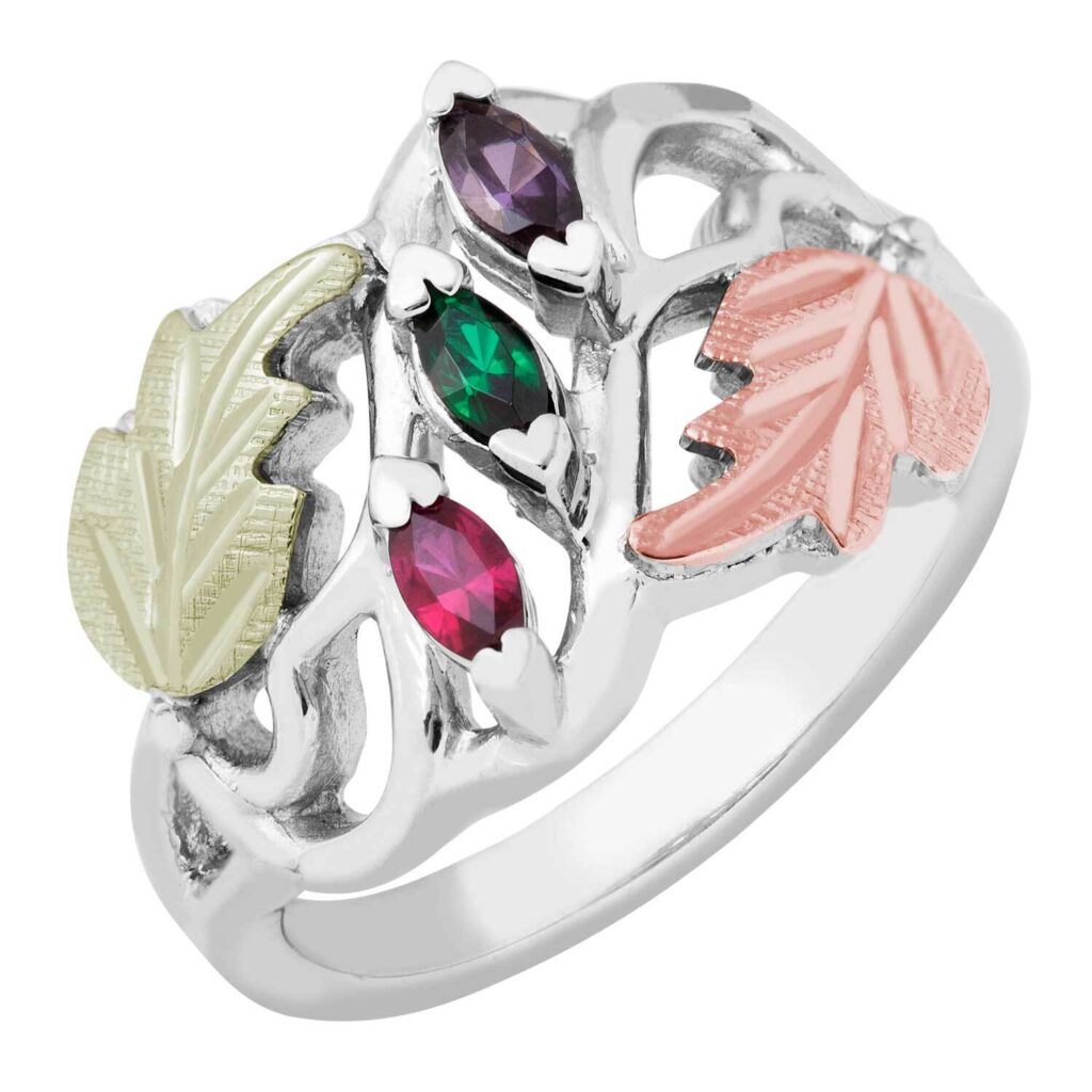 White Gold Family Ring with 3 Synthetic Birthstones Set in Channel ...